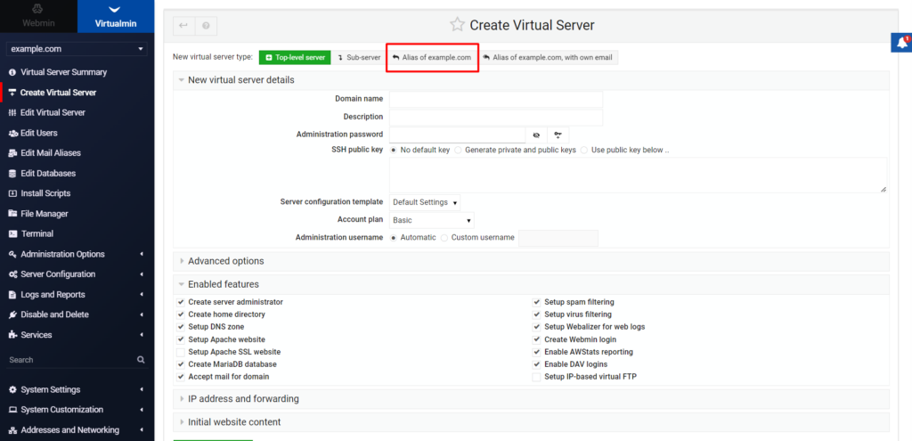 How to create virtual server alias on Virtualmin