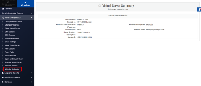 Learn to create new URL redirect for Domains in Virtualmin