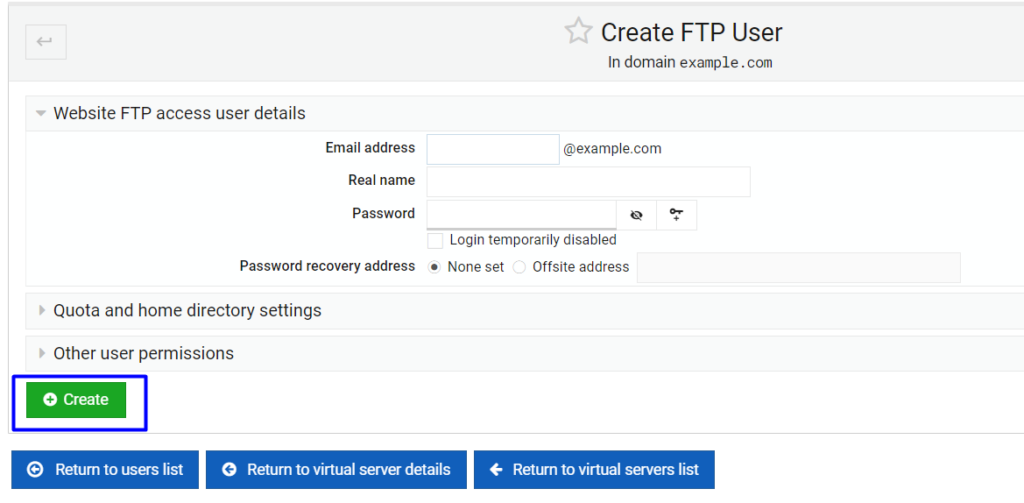 How to create a FTP users under the Virtualmin